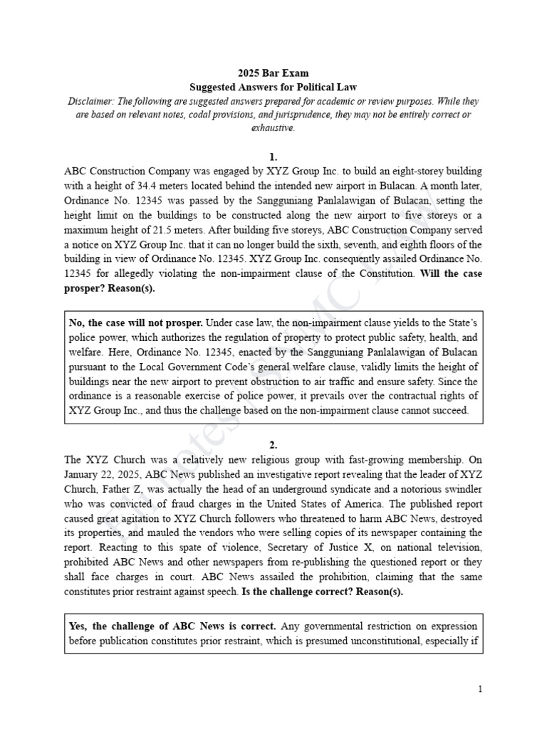 2025 Political Law Bar Exam Answers | PDF | Political Charters | Government