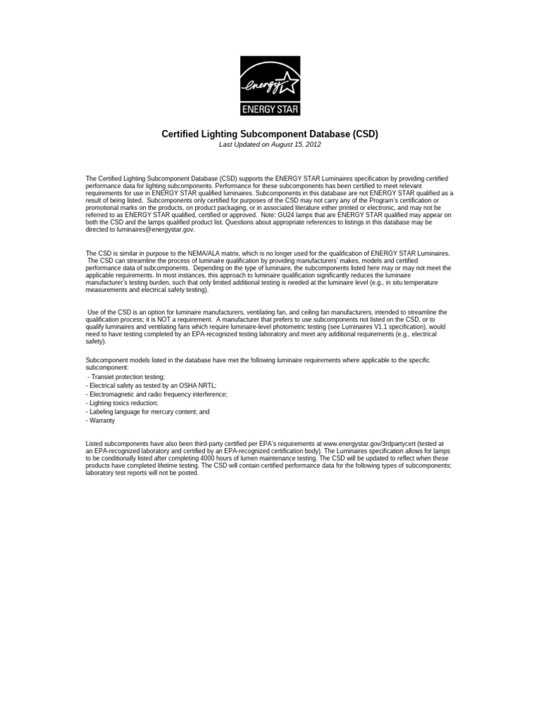 Certified Lighting Subcomponent Database | PDF | Light | Electrical ...