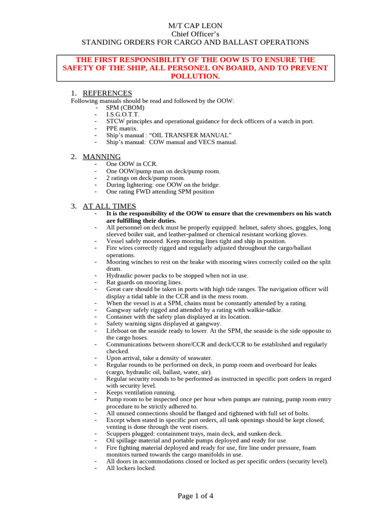 Chief Officer's Standing Orders | PDF | Pump | Valve