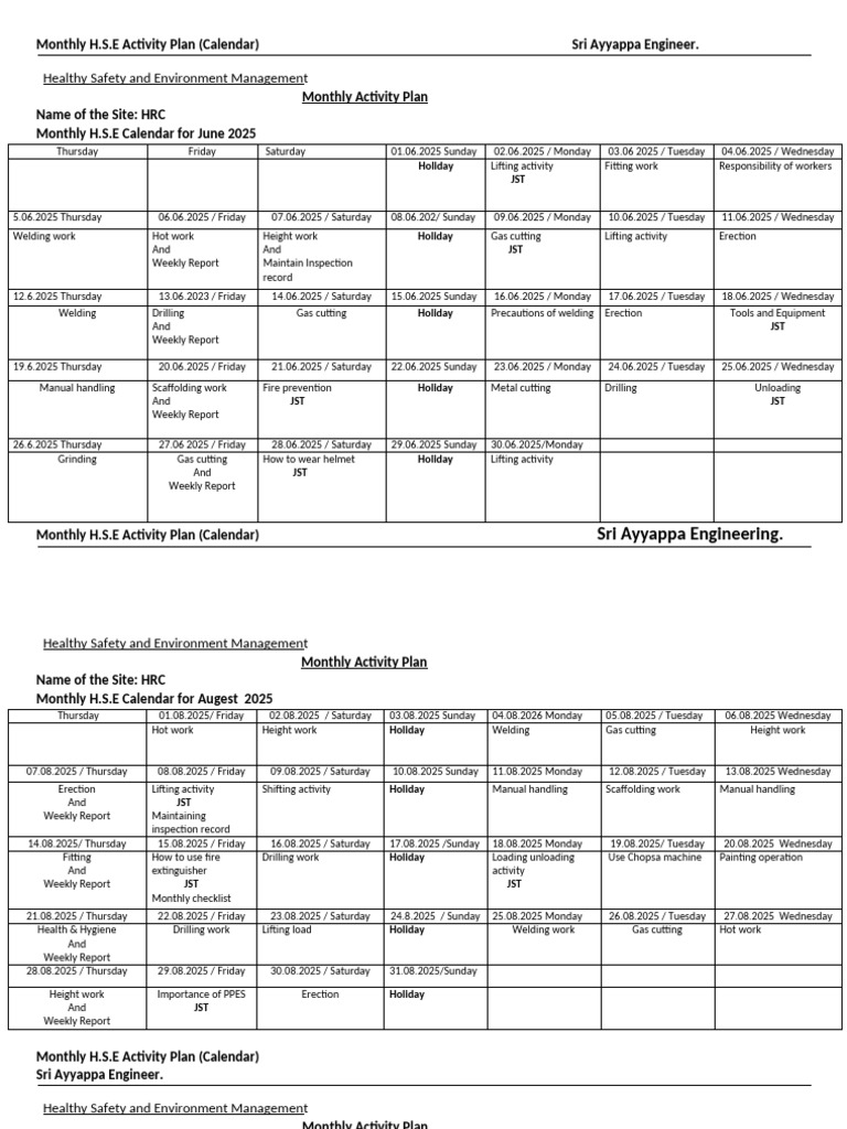 HSE Calendar for June-August 2025 | PDF | Industrial Processes