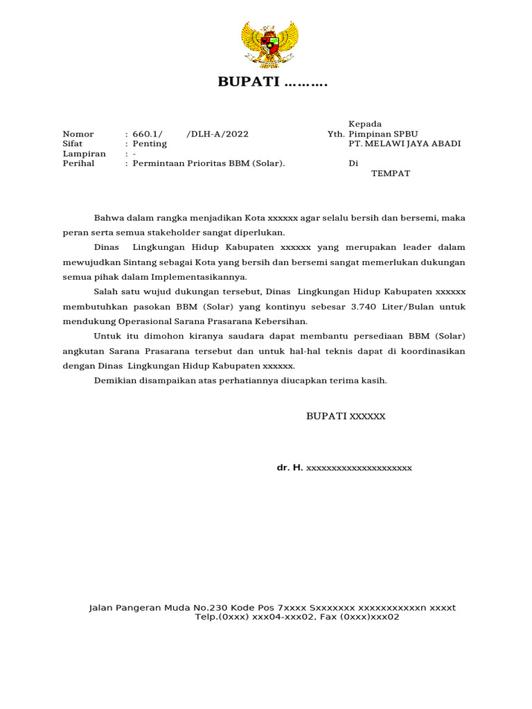 Contoh Surat Minta Bantuan BBM (Solar) Kop. Bupati | PDF