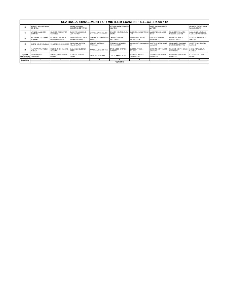 PRELEC3 Midterm Exam Seating Arrangement | PDF