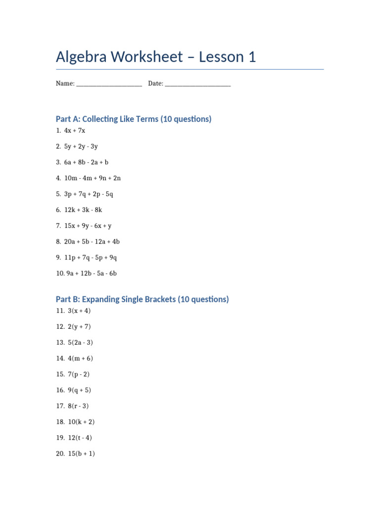 Algebra Worksheet: Collecting & Expanding | PDF
