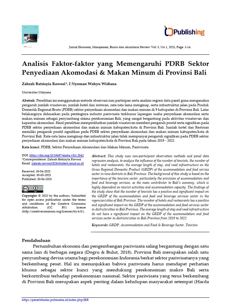 Analisis Faktor-Faktor Yang Memengaruhi PDRB Sektor Penyediaan Akomodasi & Makan Minum Di ...