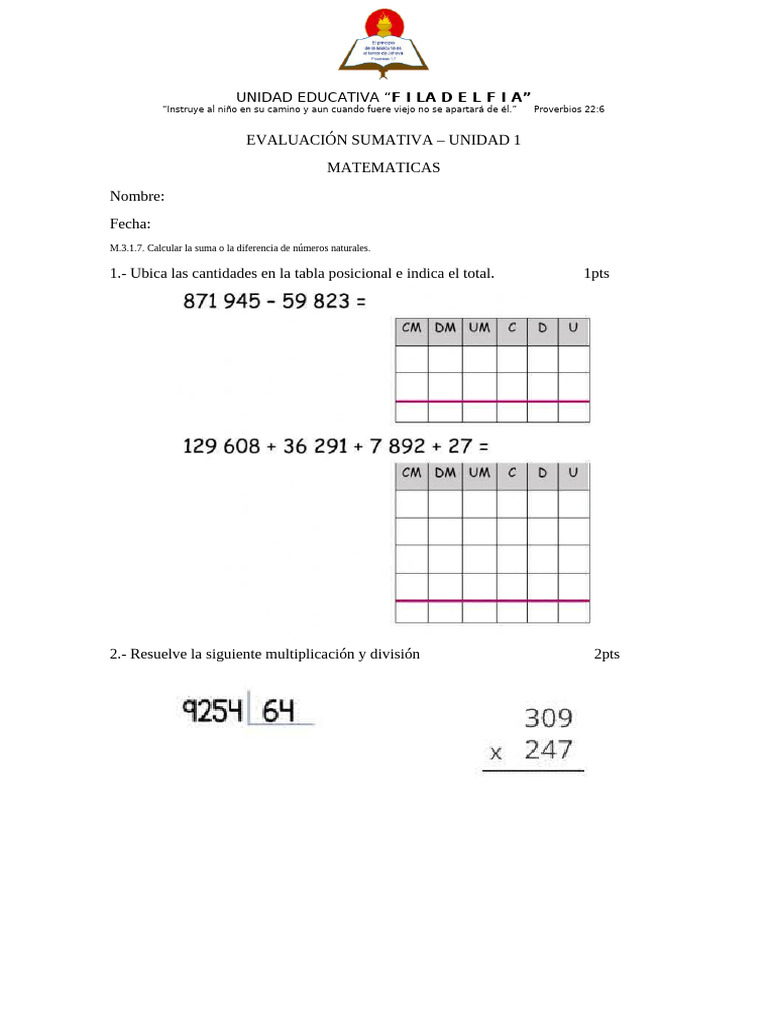 Evaluación de Matematicas Septimo de Basica | PDF