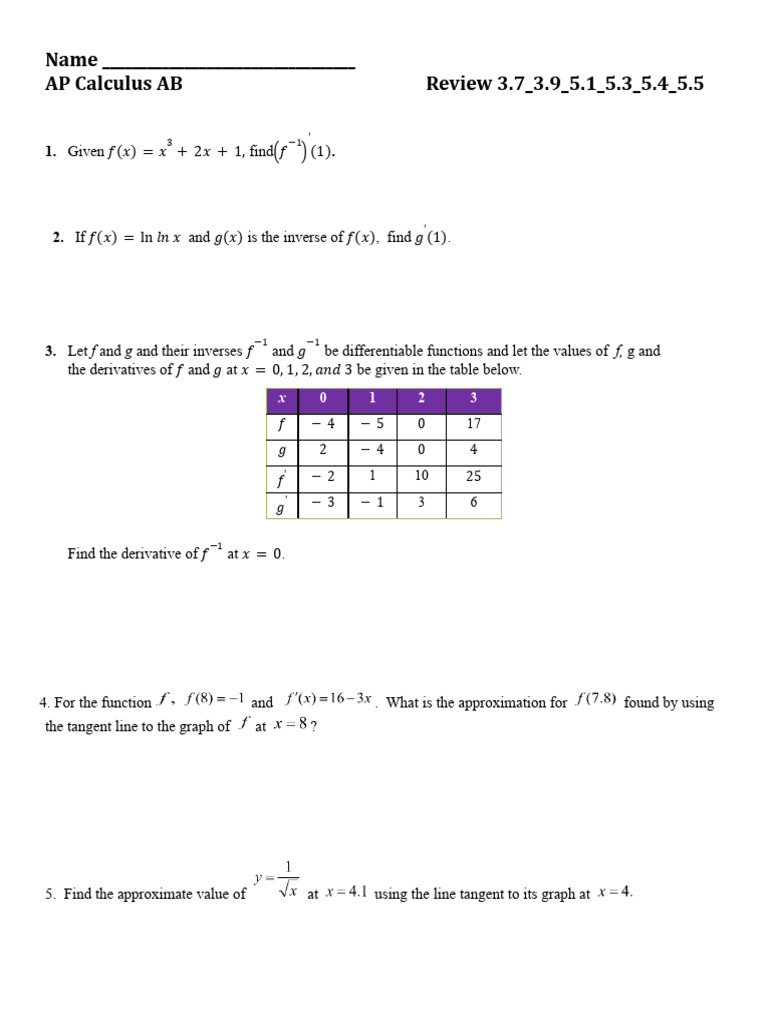 Name - AP Calculus AB Review 3.7 - 3.9 - 5.1 - 5.3 - 5.4 - 5.5 | PDF ...