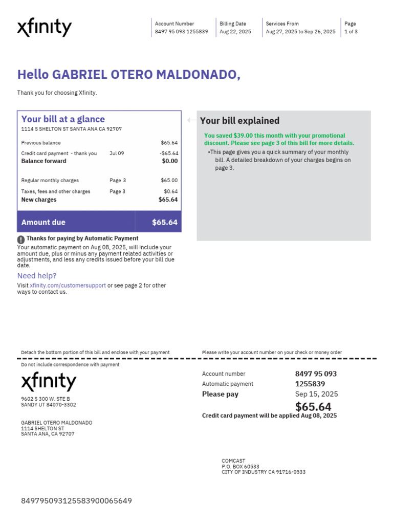 Xfinity Monthly Bill Summary for Gabriel | PDF | Credit Card | Fee