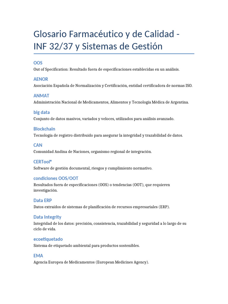 Glosario Farmaceutico Calidad Inf32 37 | PDF | Planificación de ...