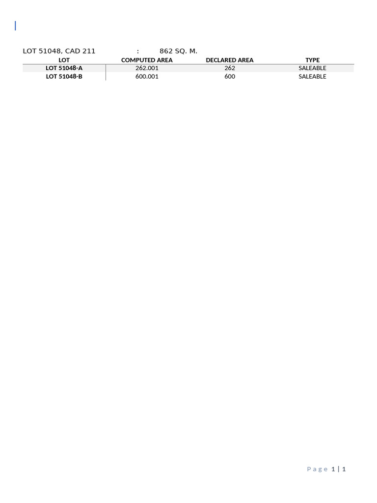 Area Tabulation for Lot 51048, CAD 211 | PDF