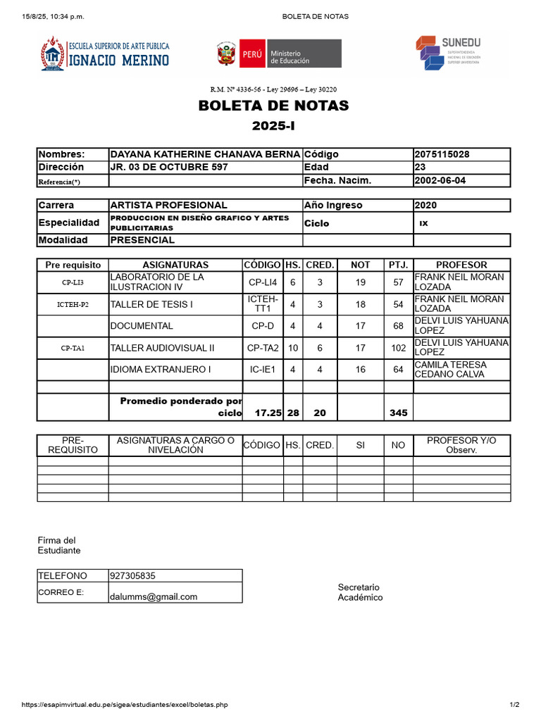 Boleta de Notas 2025-I: Dayana Chanava | PDF