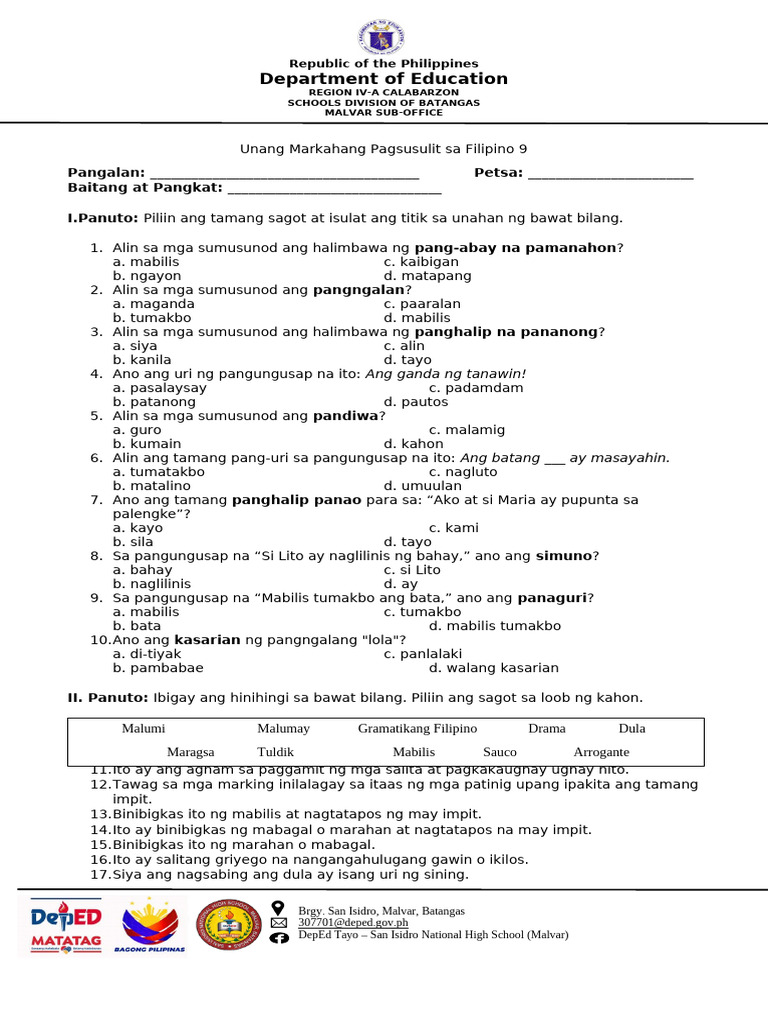 q1 Exam.g9 2025-26 Filipino | PDF