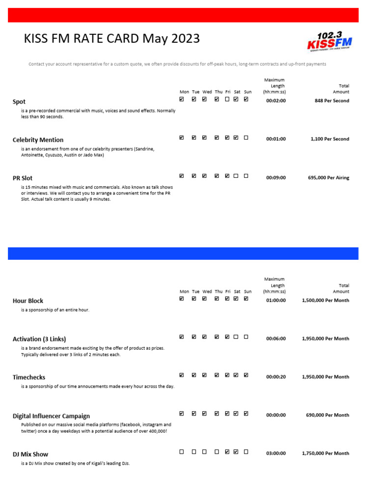 Kiss FM Rate Card 2024 | PDF