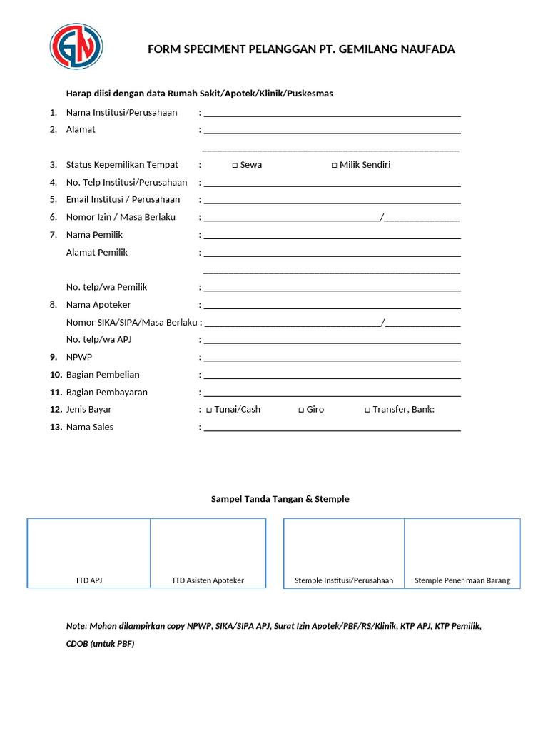 Form Speciment Pelanggan | PDF