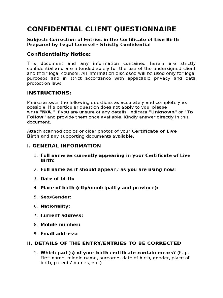Birth Certificate Correction Questionnaire | PDF | Birth Certificate | Social Institutions