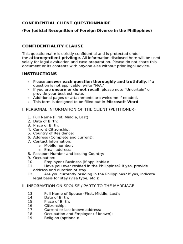 Foreign Divorce Recognition Questionnaire | PDF | Divorce | Marriage