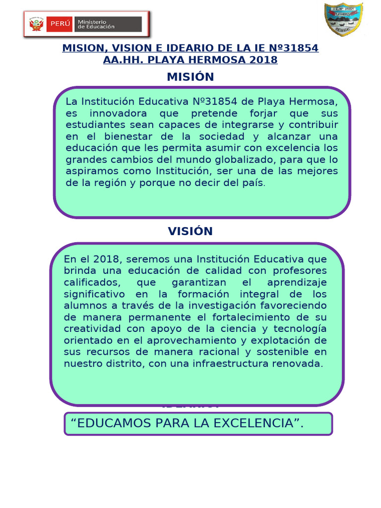 Misión y Visión IE Nº31854 Playa Hermosa | PDF