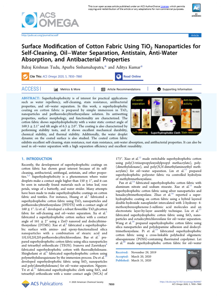 Jurnal Tudu Et Al 2020 Surface Modification of Cotton Fabric Using Tio2 Nanoparticles for Self ...