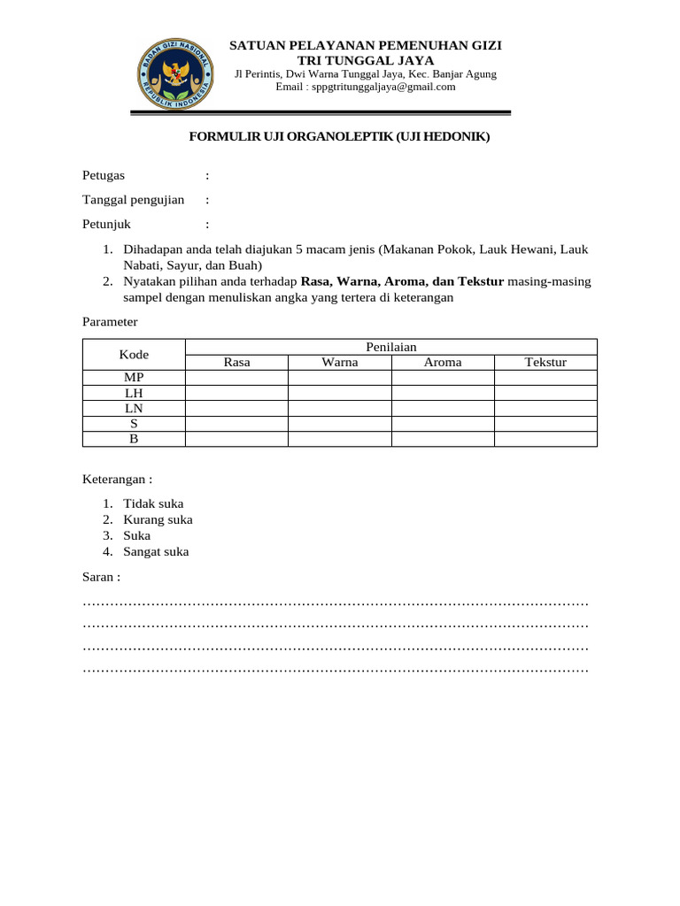 Formulir Uji Organoleptik Makanan | PDF