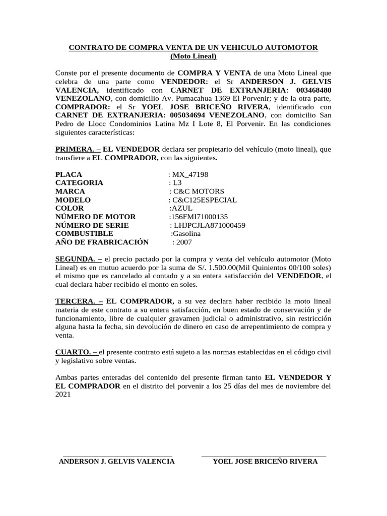 Contrato Compra Venta Vehiculo Automotor | PDF