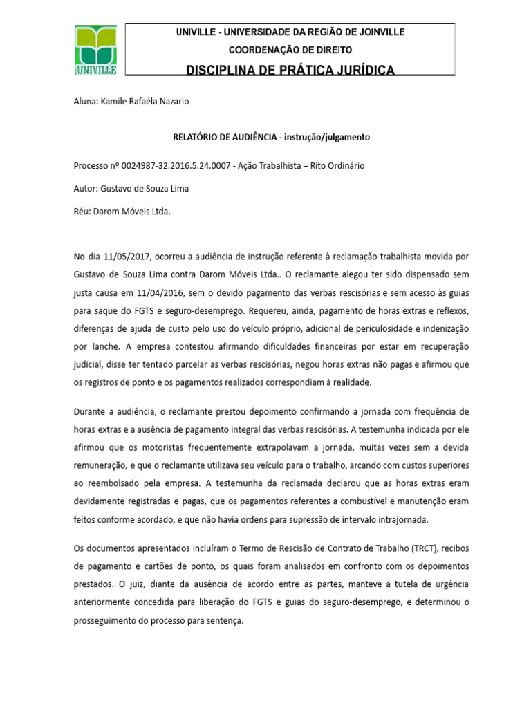 0024987-32.2016.5.24.0007 - Relatorio Audiencia Instrucao - Trabalho PDF | PDF