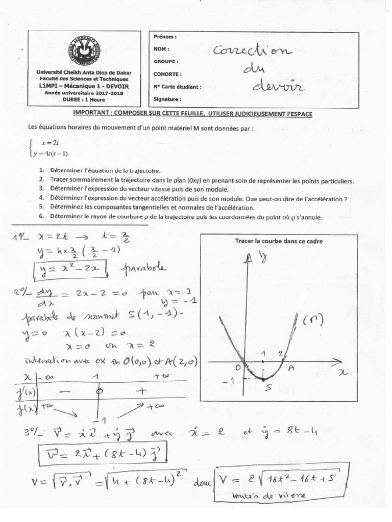 Examen.1.Mécanique - Correction.normale.1.3.mpi.2017 2018.ucad | PDF
