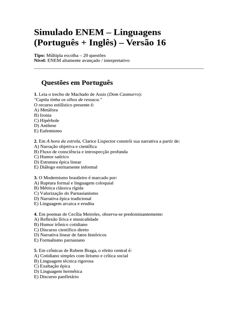Simulado ENEM: Linguagens Avançado | PDF | Poesia | Narrativa
