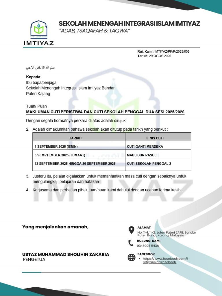 Surat Rasmi_Makluman Cuti Ganti Dan Cuti Sekolah Penggal 2 2025 | PDF