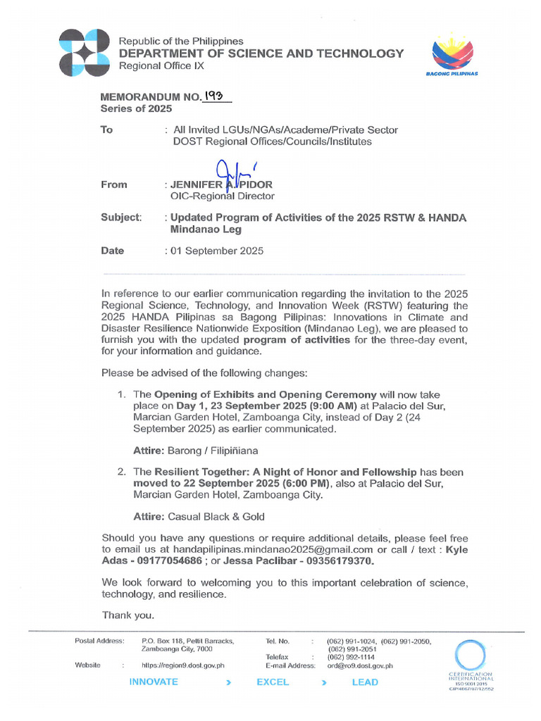 DOST IX Memorandum No. 193 Series of 2025 Updated Program of Activities ...