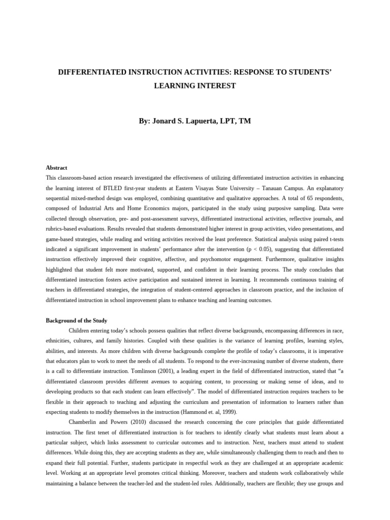Differentiated Instruction Activities: Response to Students’ Learning Interest | PDF ...