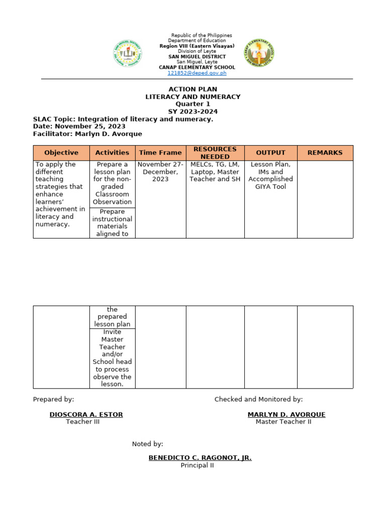 Literacy and Numeracy Action Plan 2023-2024 | PDF | Lesson Plan | Teachers