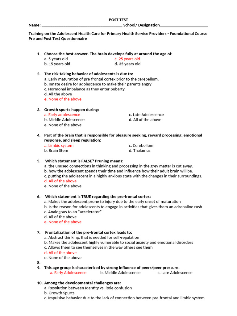 Post Test Questionnaire Answer Key | PDF | Adolescence | Sexually ...