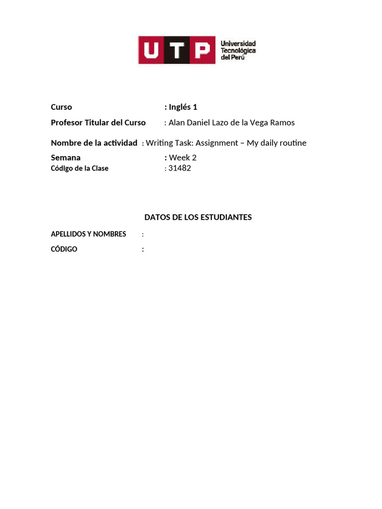 Week 2 Writing Task Assignment My Daily Routine | PDF