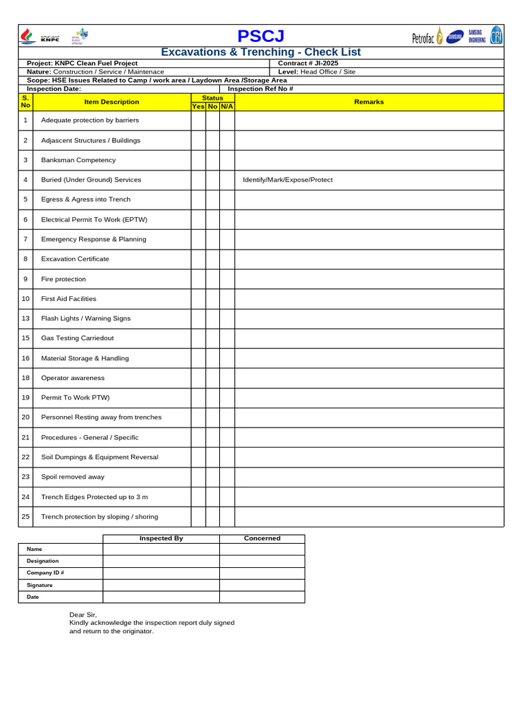 Excavation Safety Checklist for KNPC Project | PDF
