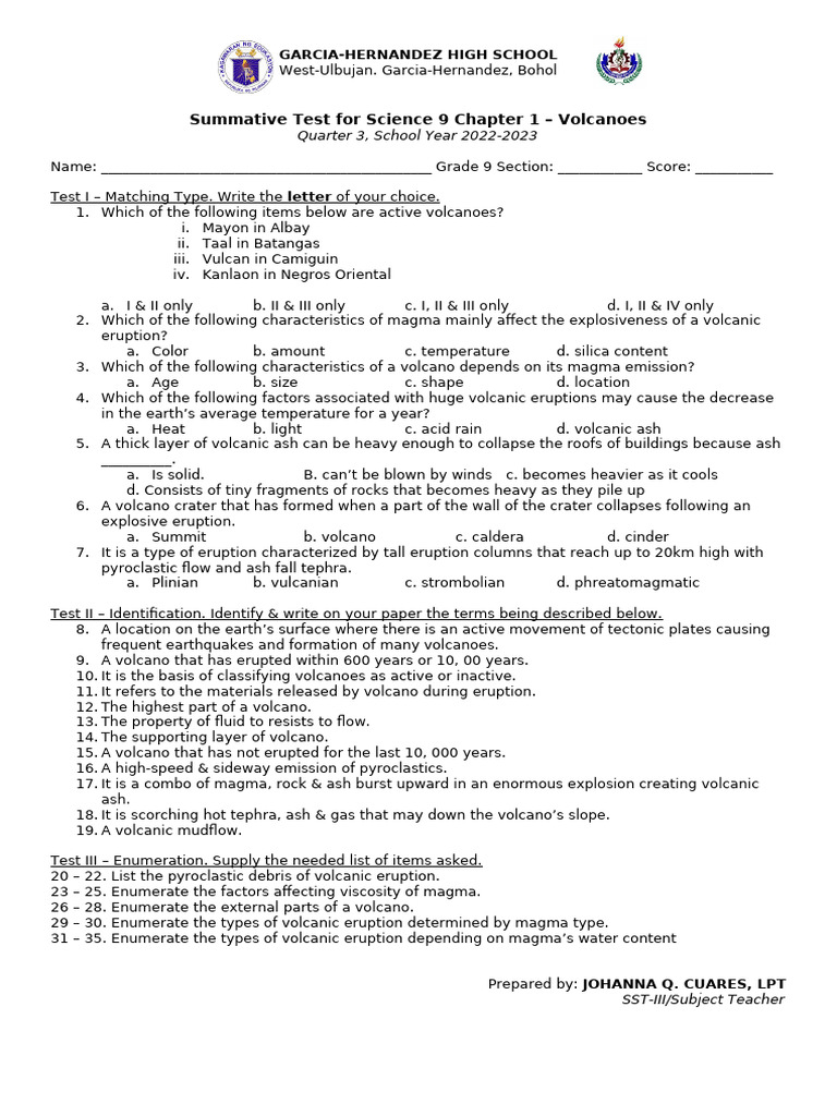 Science 9 Volcanoes Summative Test | PDF | Volcano | Volcanic Ash