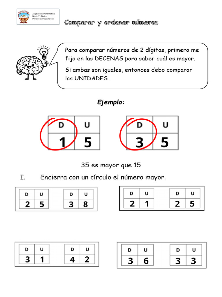 Comparar y Ordenar Números 1° | PDF