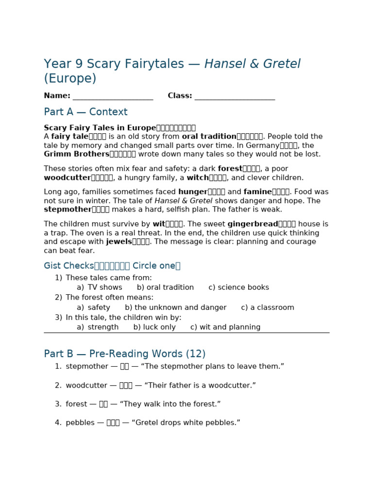 Year 9 Scary Fairytales - Week 1 - Hansel and Gretel | PDF | Hansel And ...