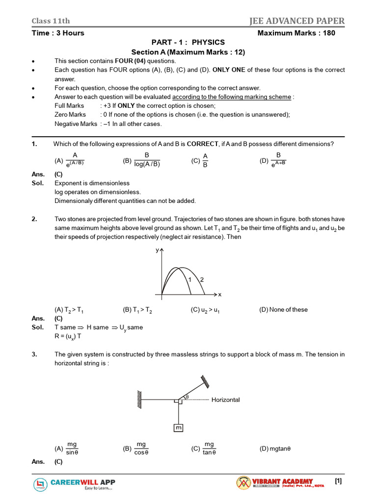 Jee Advance Test 01 Paper 01 Answer Key Solution Explanation