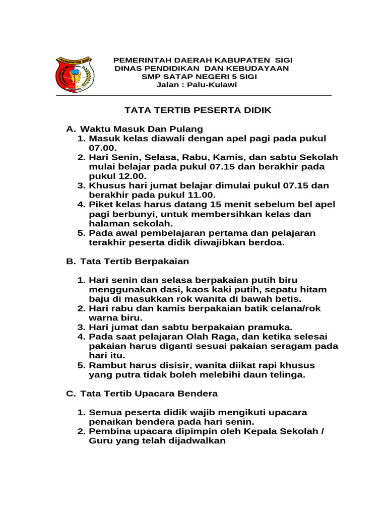 Tata Tertib Siswa SMP Negeri 5 Sigi | PDF