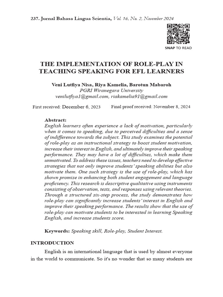 Role-Play in EFL Speaking Instruction | PDF | Foreign Language | Learning