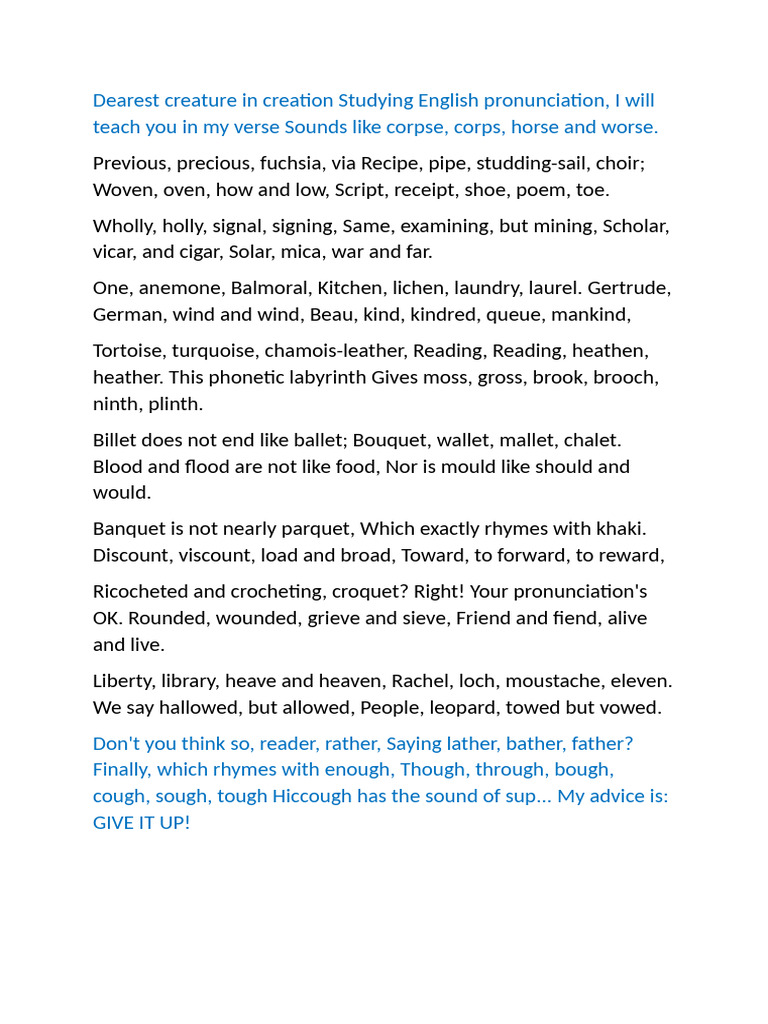 Dearest Creature in Creation Studying English Pronunciation | PDF