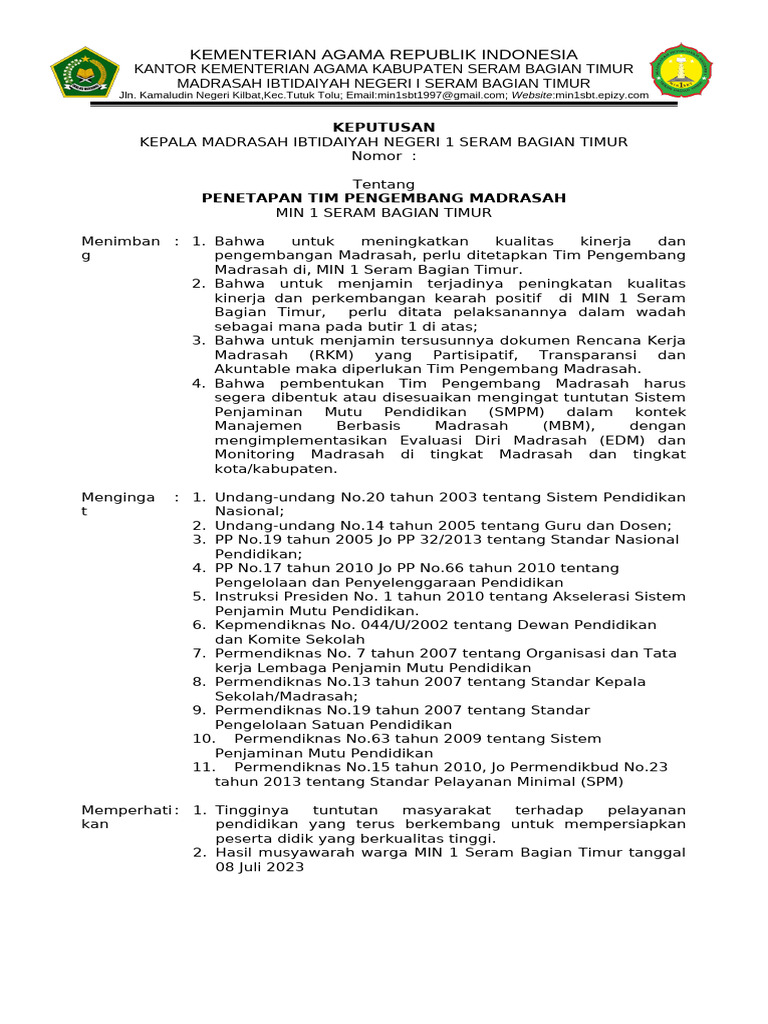 Penetapan Tim Pengembang MIN 1 SBT | PDF