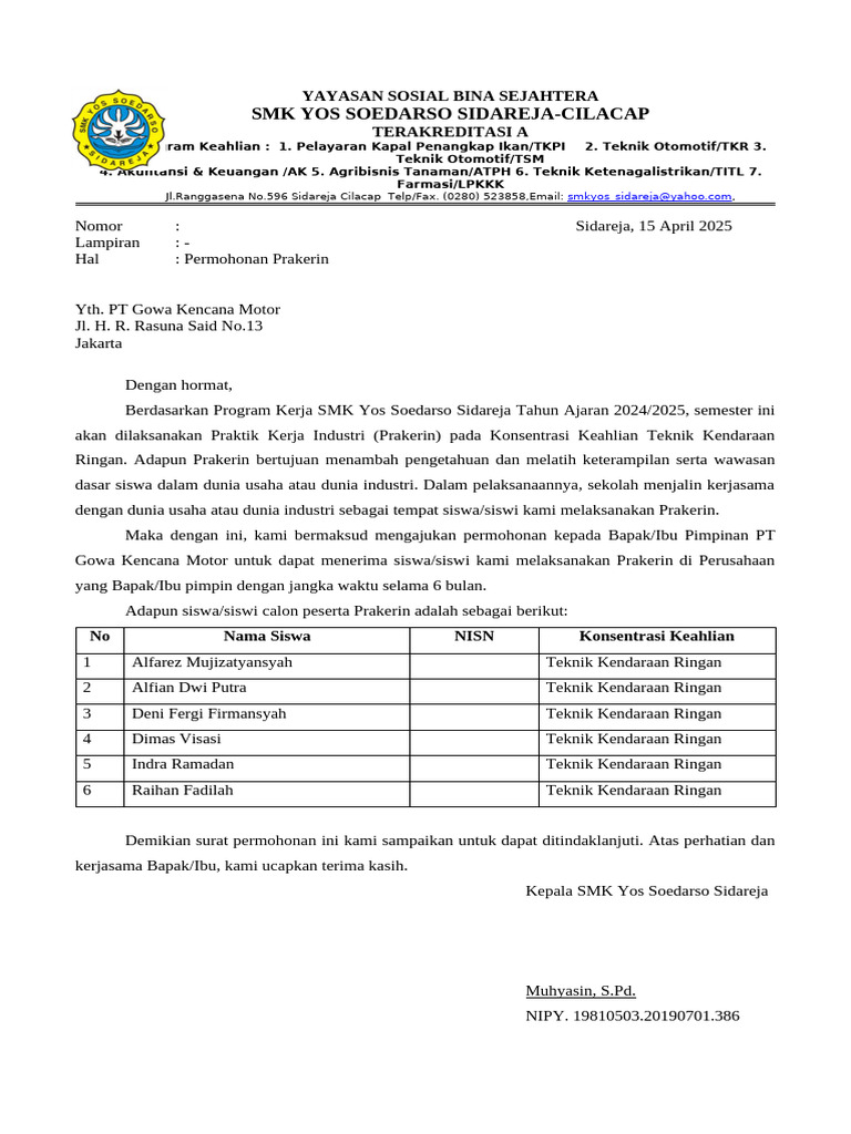 Surat Permohonan Pkl | PDF