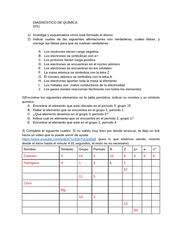 Diagnóstico de Química: Estructuras Atómicas y Uniones | PDF | Enlace ...
