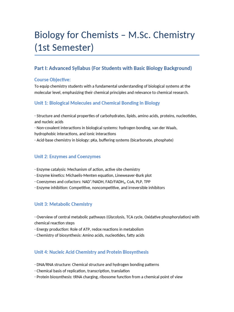 Advanced Biology for Chemists Syllabus | PDF | Metabolism | Biology