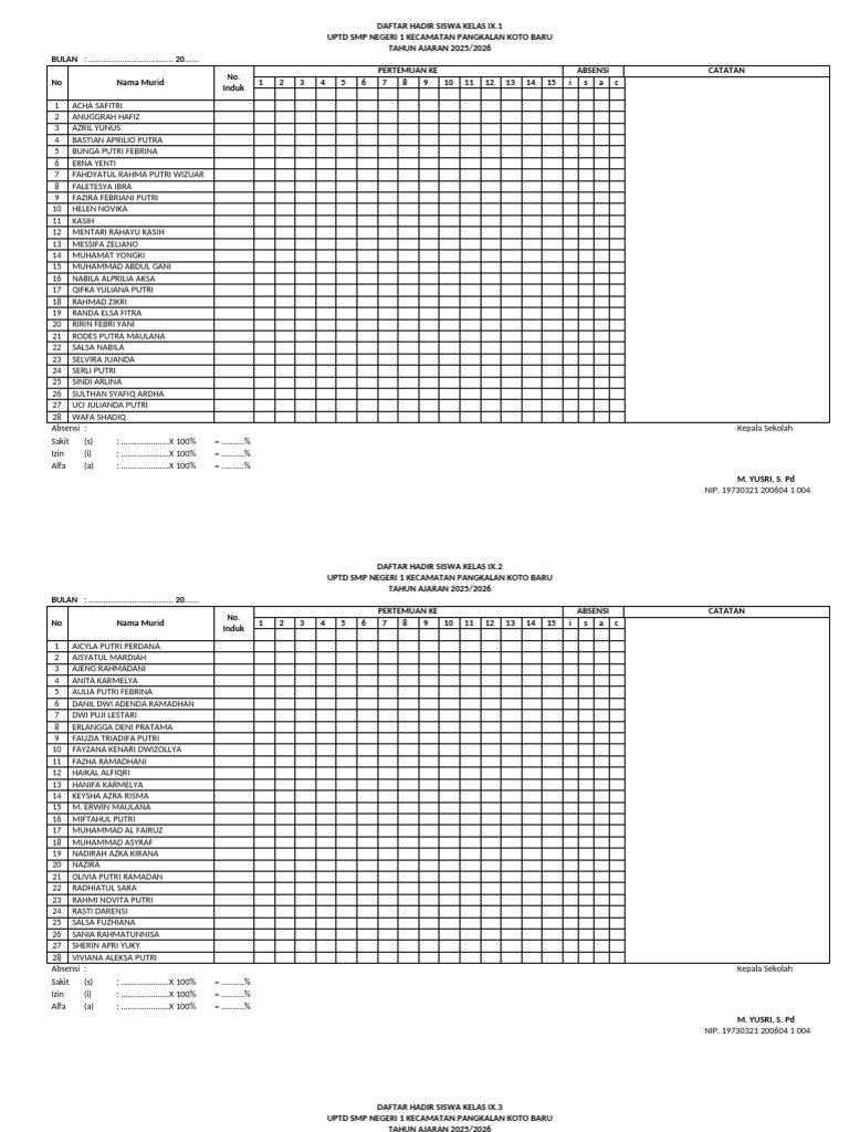 Daftar Hadir Siswa Kelas Ix | PDF