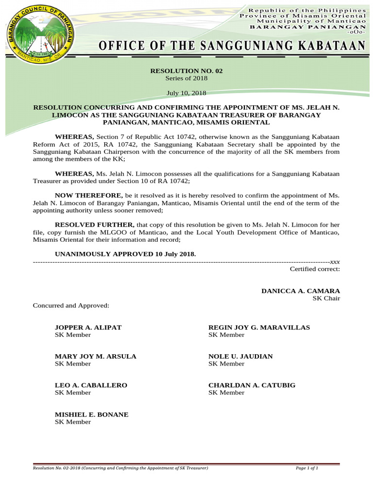 SK Resolution No. 02-2018 (Appointment of Treasurer) | PDF | Youth ...
