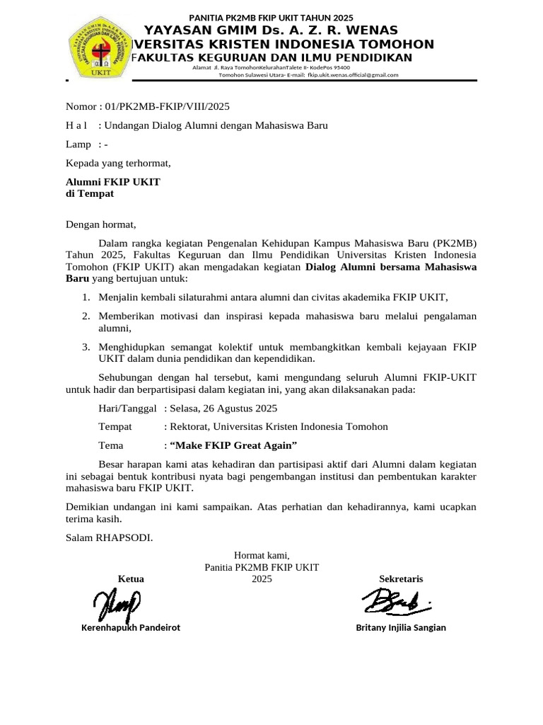 Undangan Dialog Alumni FKIP UKIT 2025 | PDF
