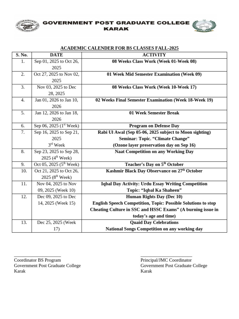 Academic Calender For Bs Fall 2025-Spring 2026 | PDF | Academic Term ...