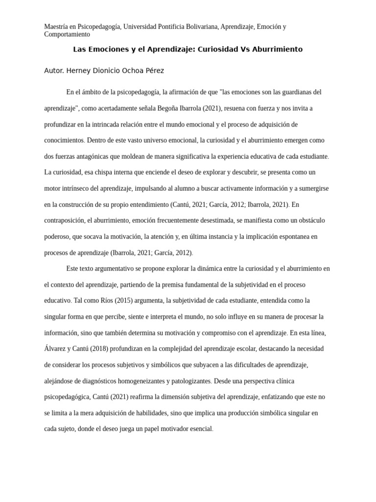 Texto Argumentativo Herney Dionicio Ochoa Pérez | PDF | Aprendizaje | Las emociones