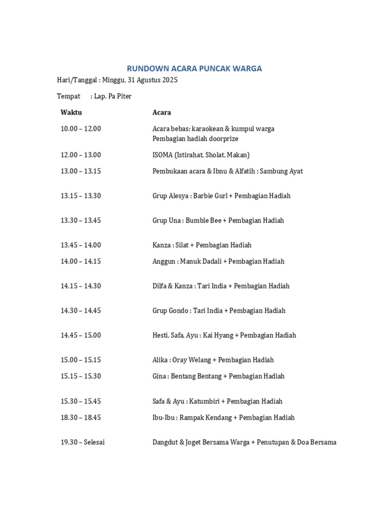 Rundown Acara Puncak Warga 2025 | PDF